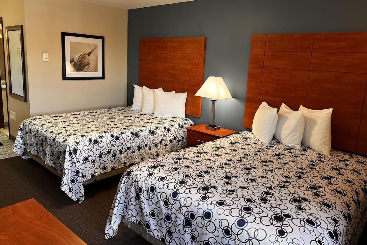 Quarto de hotel com duas camas, cabeceira de madeira, mesa de cabeceira com abajur, quadro na parede e piso coberto por carpete.