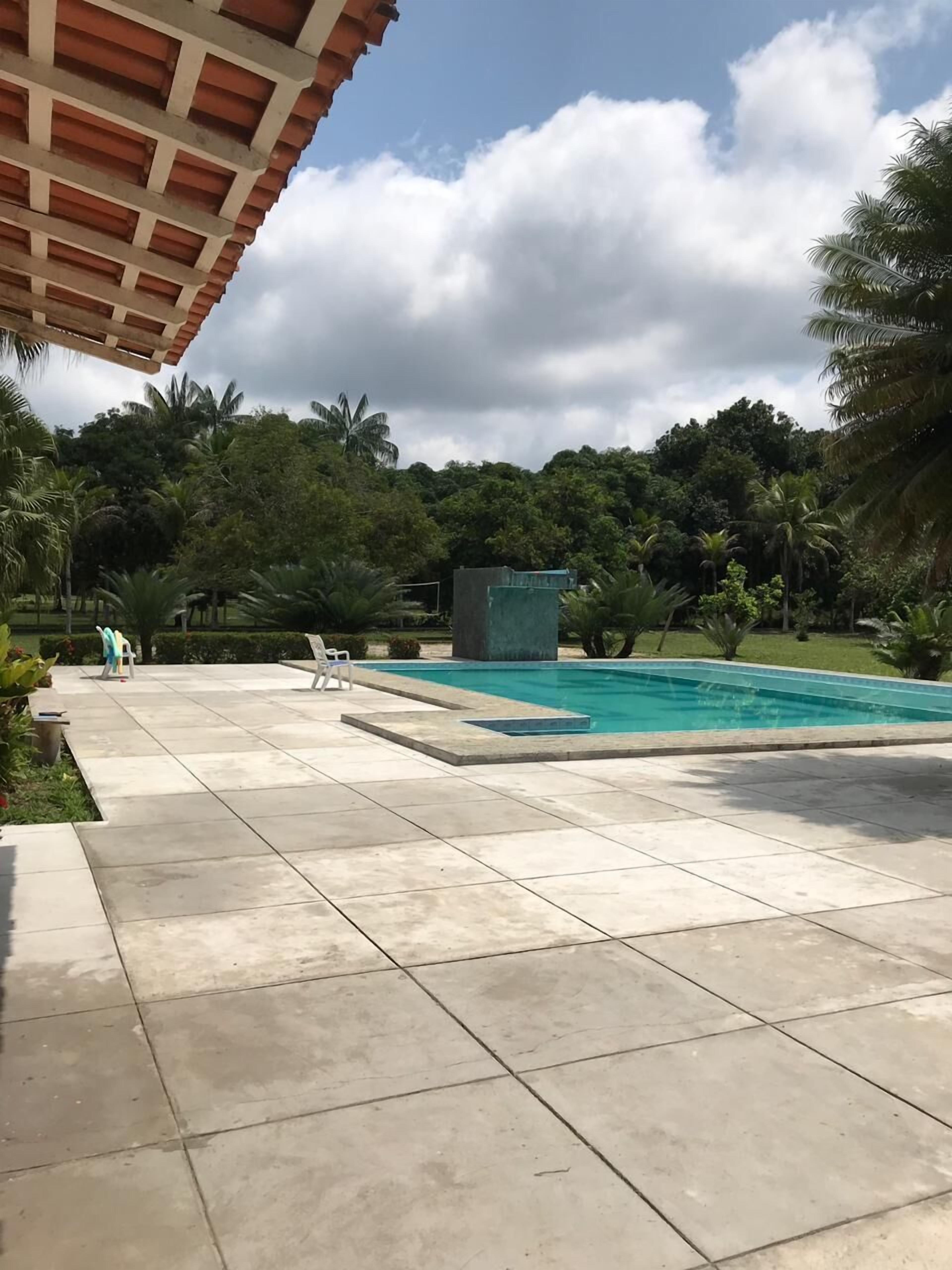 Piscina com deck revestido, rodeada por vegetação exuberante e palmeiras.