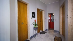 Um corredor com portas de madeira, um vaso de planta e um tapete de entrada.