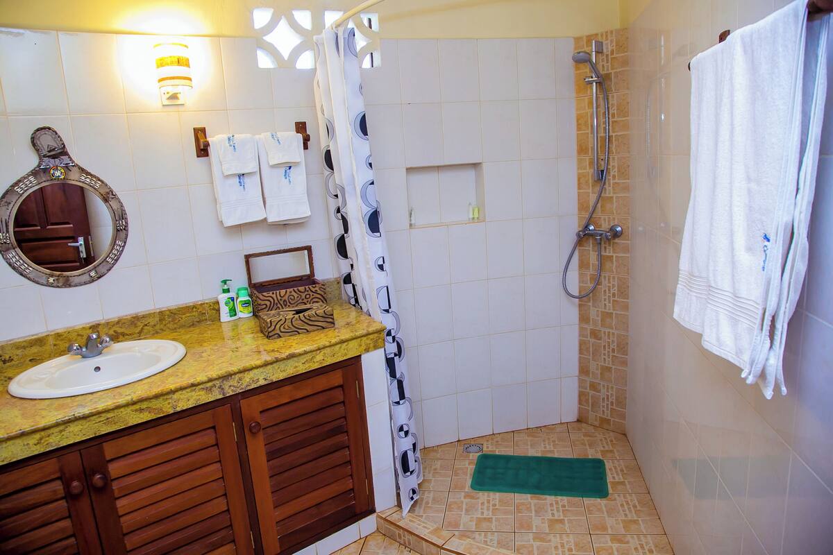 Casa de banho com lavatório, espelho, toalheiro, chuveiro e um tapete verde no chão.