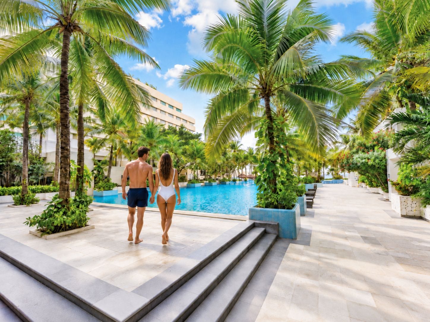 Um casal caminhando em direção a uma piscina em um resort, com palmeiras e céu claro.