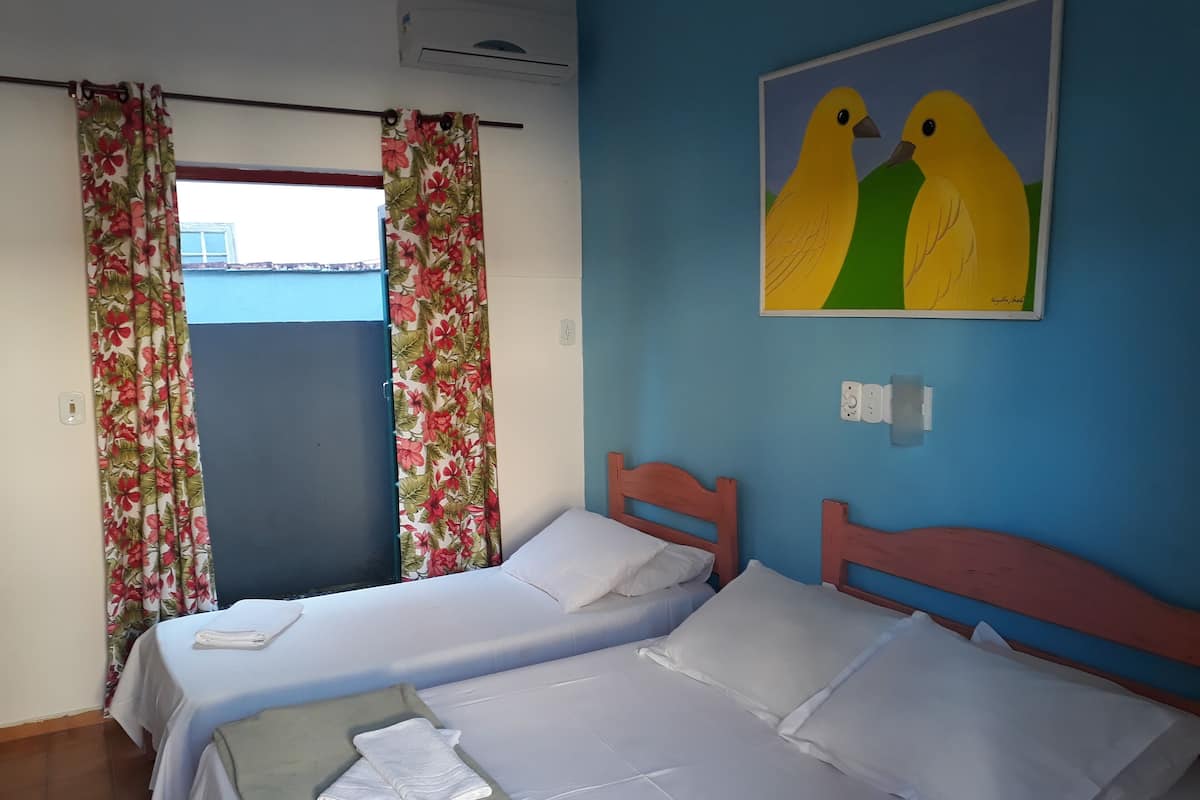 Quarto com duas camas de solteiro, janela com cortinas, quadro de pássaros e ar condicionado.