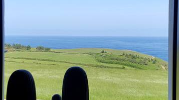 Vista da janela para um campo gramado e o oceano.