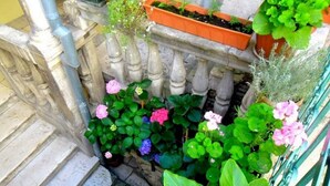 Corrimão de pedra com vasos de plantas e flores.