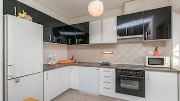 Apartamento (A1) | Cozinha privada | Um frigorífico, um micro-ondas, um forno, uma placa de cozinha