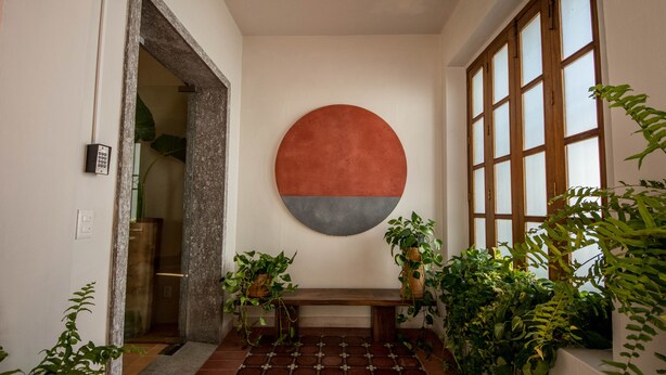 Um corredor com decoração circular na parede, um banco e plantas em vasos.