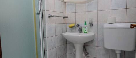 Casa de banho com divisória de chuveiro de vidro, lavatório assentado, sanita e espelho sobre o lavatório.