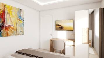 Quarto moderno com cama, escrivaninha e cadeira. Há um quadro na parede e uma janela que proporciona luz natural.