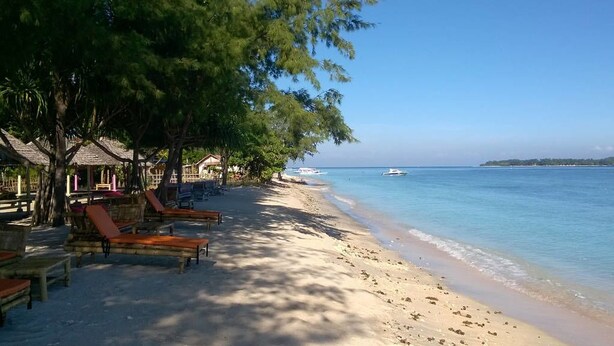 Uma praia com espreguiçadeiras e guarda-sóis, céu claro e mar calmo.