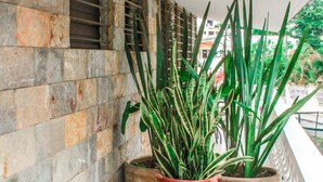 Varanda com paredes de pedra, grade de metal e dois vasos grandes com plantas.