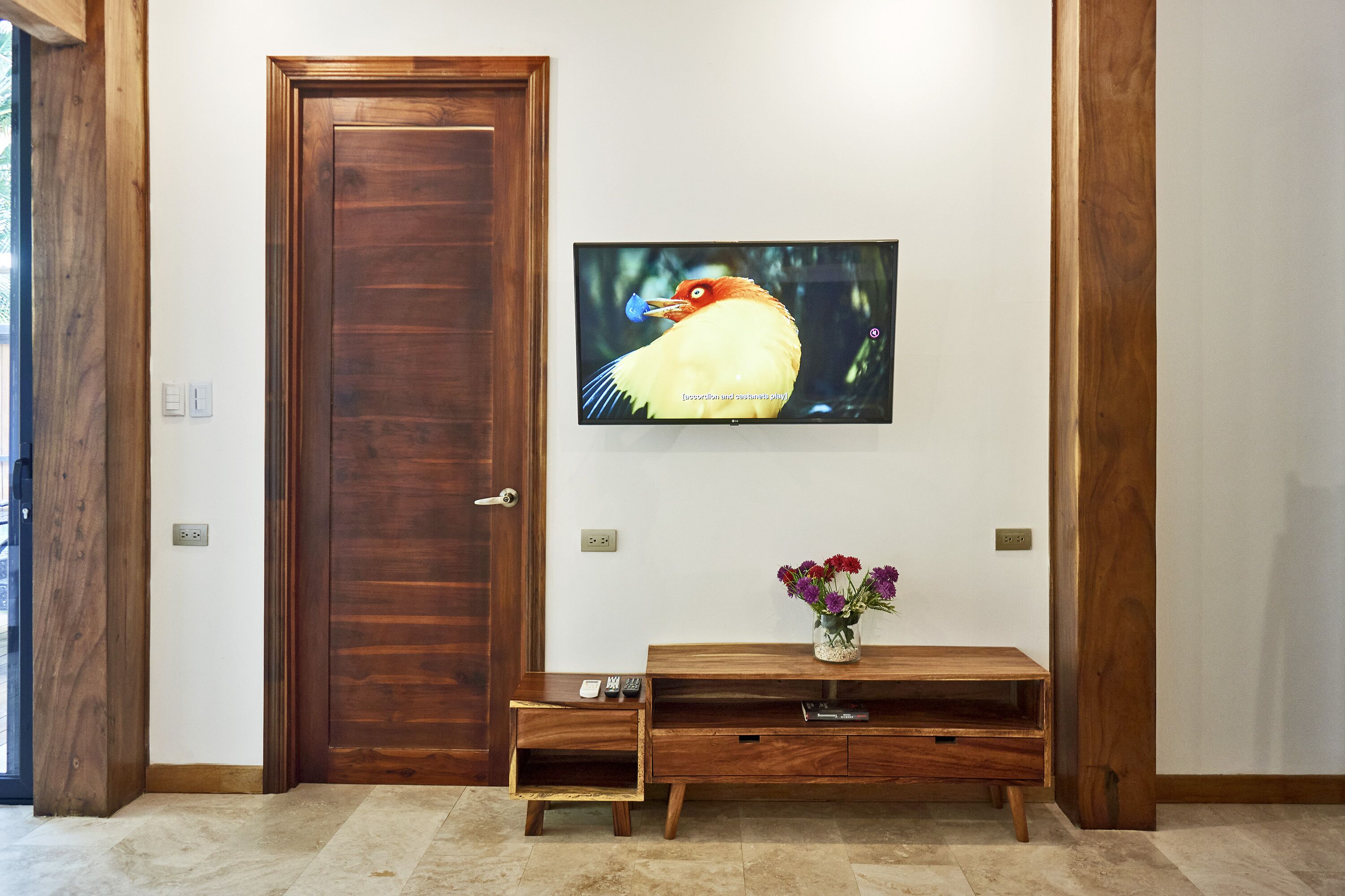 Uma porta de madeira, uma televisão fixada na parede e um pequeno console de madeira com um vaso de flores.
