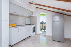 Apartamento (A1) | Cozinha privada | Um frigorífico, um micro-ondas, um forno, uma placa de cozinha 