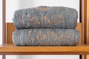 Duas almofadas cinzentas com textura e a palavra "OMNIA" bordada em fio metálico.