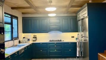 Um forno, uma placa de cozinha, uma máquina de lavar louça