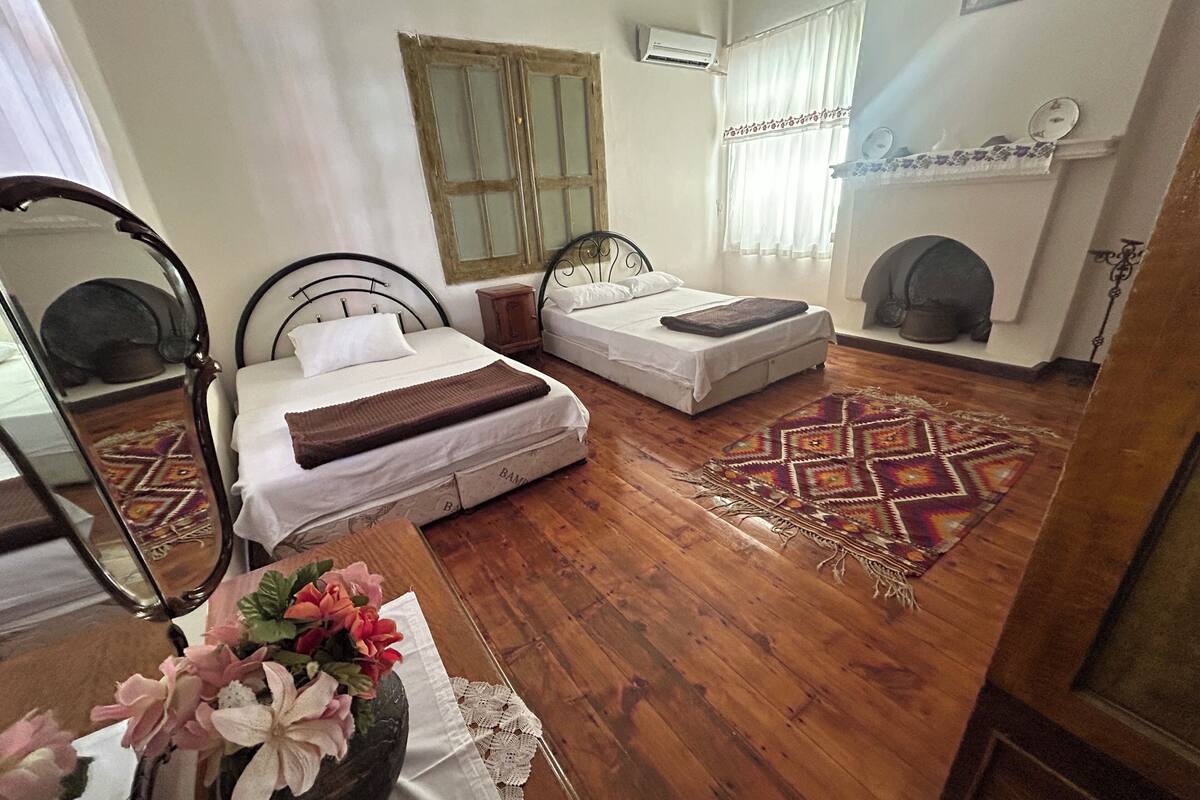 Quarto com duas camas, piso de madeira, tapete estampado, lareira e um espelho.