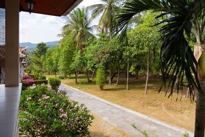 Um caminho serpenteia por um jardim com palmeiras e plantas floridas.