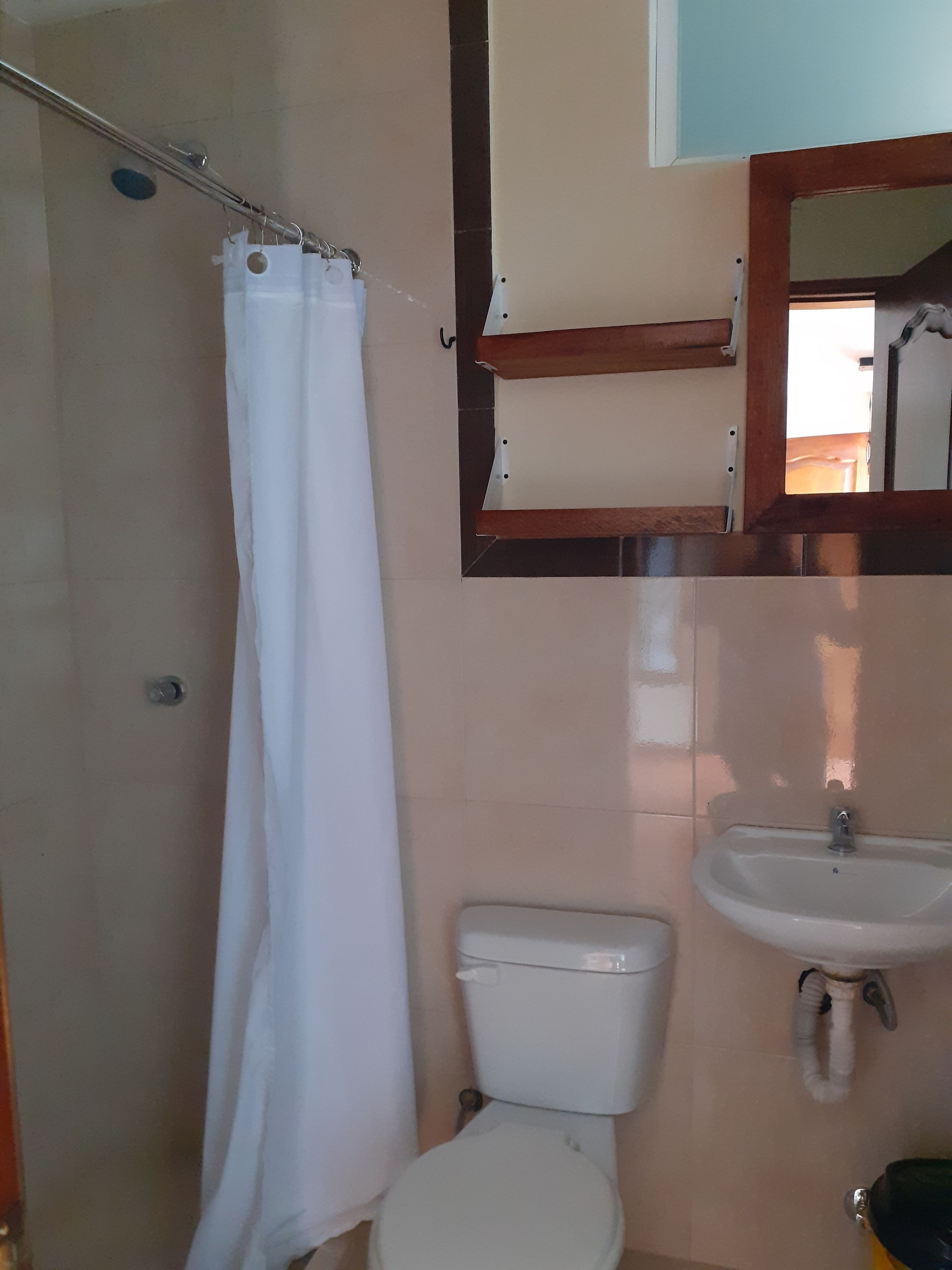 Casa de banho com chuveiro, sanita e lavatório.