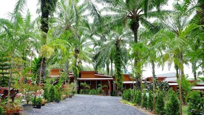 Uma trilha leva a uma fileira de edifícios no estilo de bangalô, cercados por vegetação tropical exuberante.