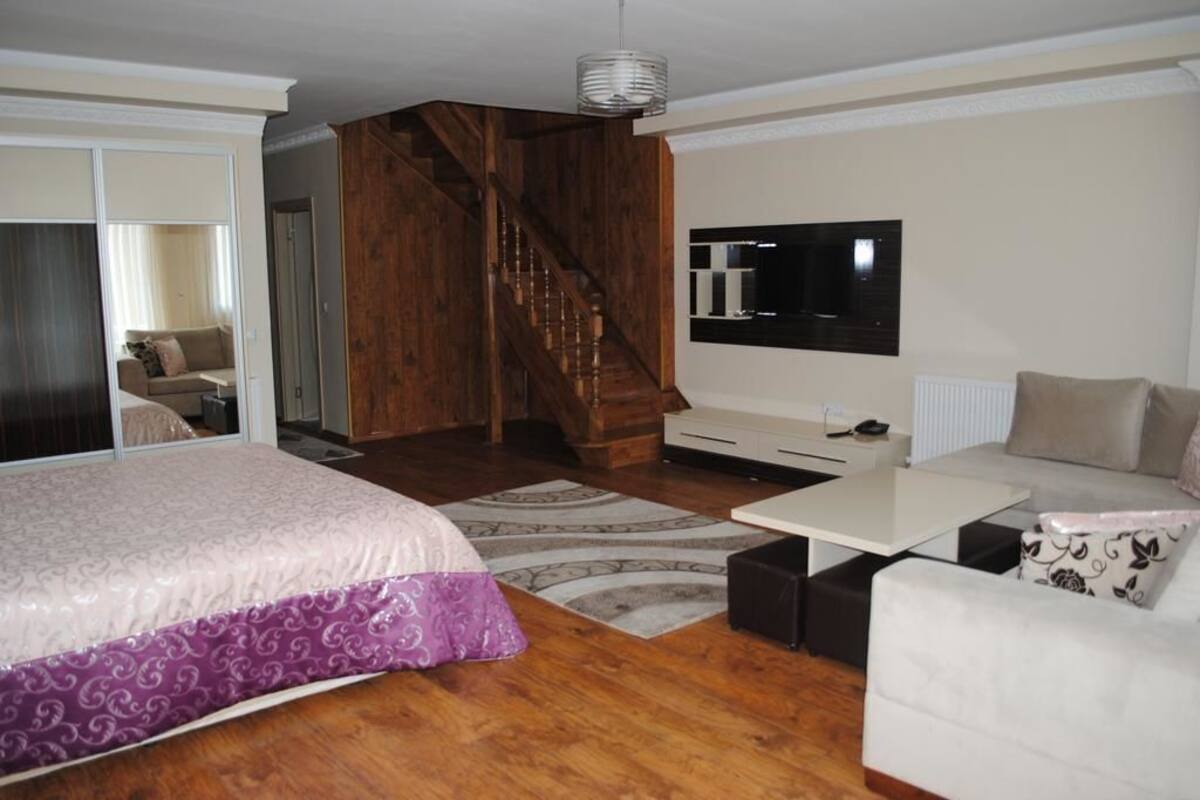 Um quarto com cama, sofá, televisão, escada e guarda-roupa.
