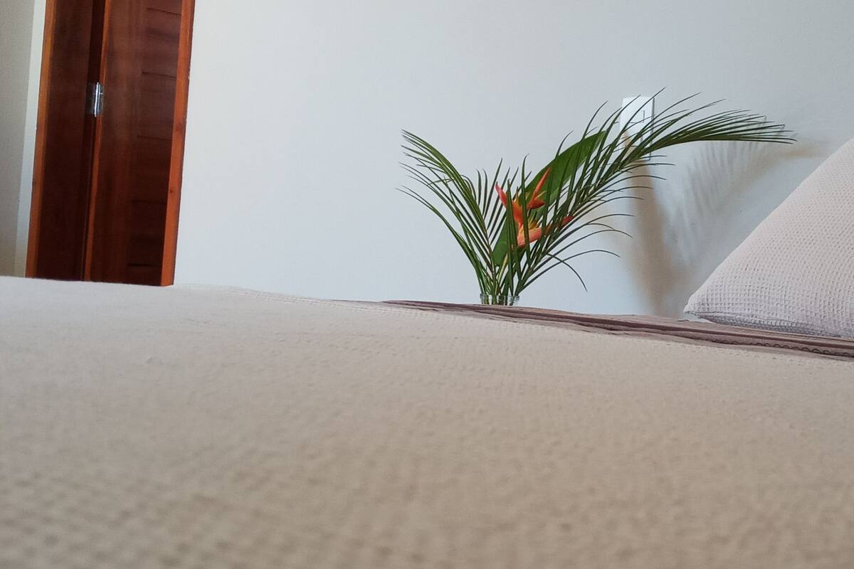 Cama com cobertura bege texturizada, travesseiro branco e pequena planta em vaso com folhas verdes e flores vermelhas.