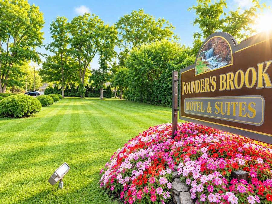 Placa do Founder's Brook Motel & Suites, com um jardim bem cuidado e céu claro.