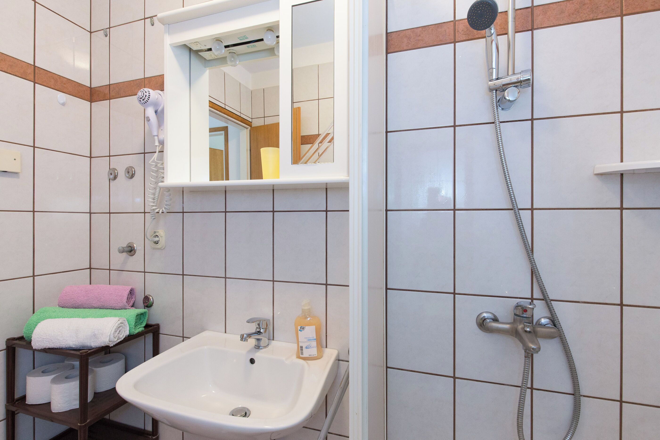 Casa de banho com lavatório, espelho, porta-toalhas e chuveiro.