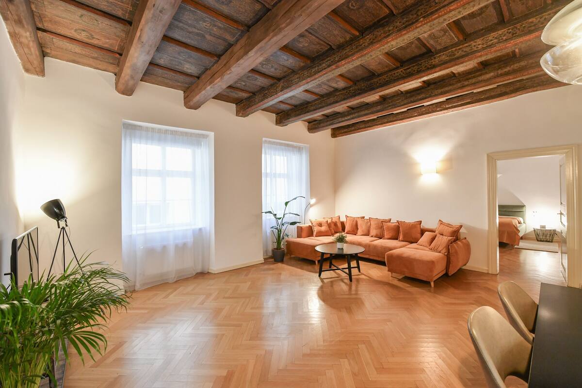 Uma sala de estar espaçosa, com teto de madeira, um sofá, uma mesa de centro e um vaso de plantas.