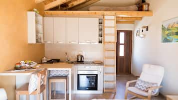 Apartamento luxo | Cozinha privada | Frigobar, micro-ondas, fogão, cooktop