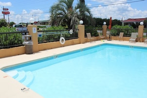 Uma piscina retangular com 1,5 metros de profundidade, rodeada por um muro bege, com espreguiçadeiras e uma palmeira ao fundo.
