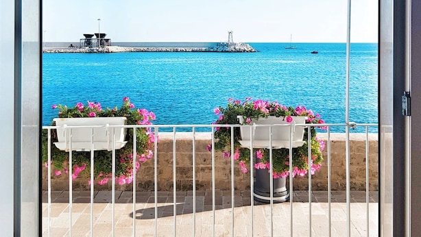 Uma varanda com vista para o mar, com guarda-corpo e plantas em vasos.