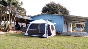 Uma tenda montada numa área gramada, com um edifício azul ao fundo.