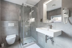 Quarto casal standard, 1 cama Queen, para não fumantes | Banheiro | Toalhas de banho, sabonete, shampoo, papel higiênico