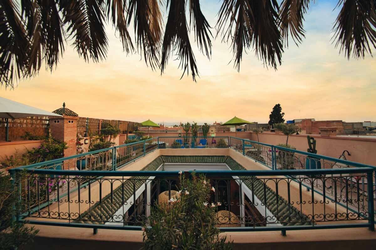Terraço no telhado com escadaria central, rodeado por vegetação e palmeiras.