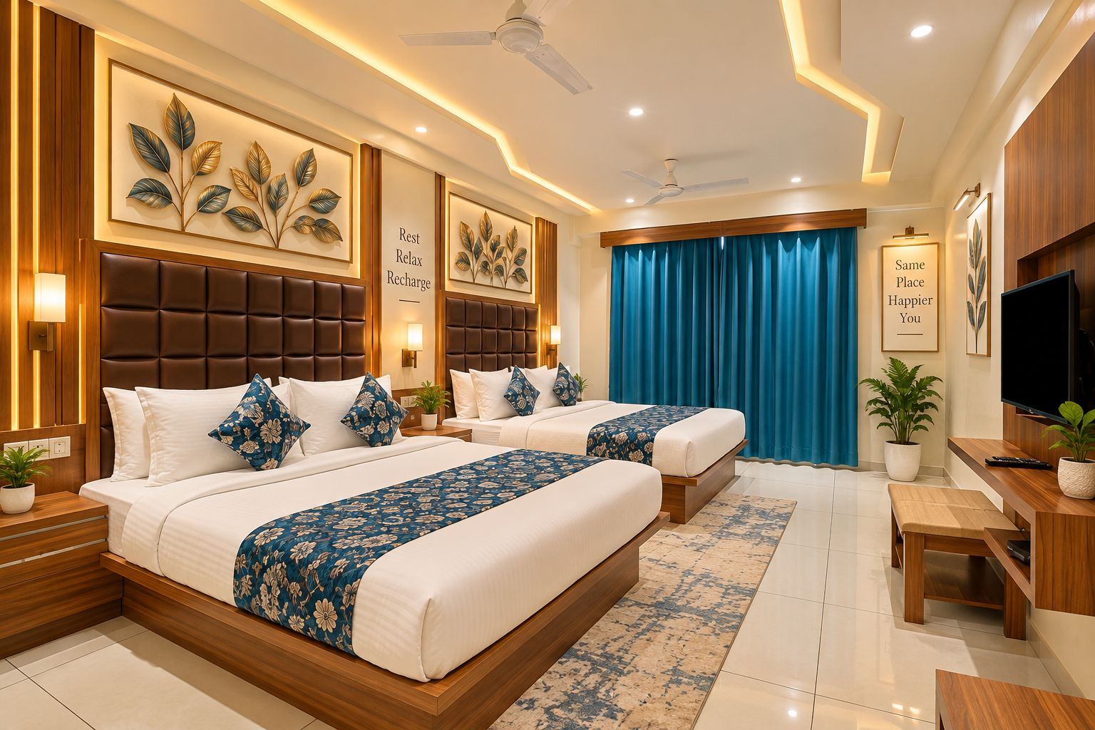 Quarto de hotel moderno com uma cama grande, mesas de cabeceira, televisão e decoração na parede.