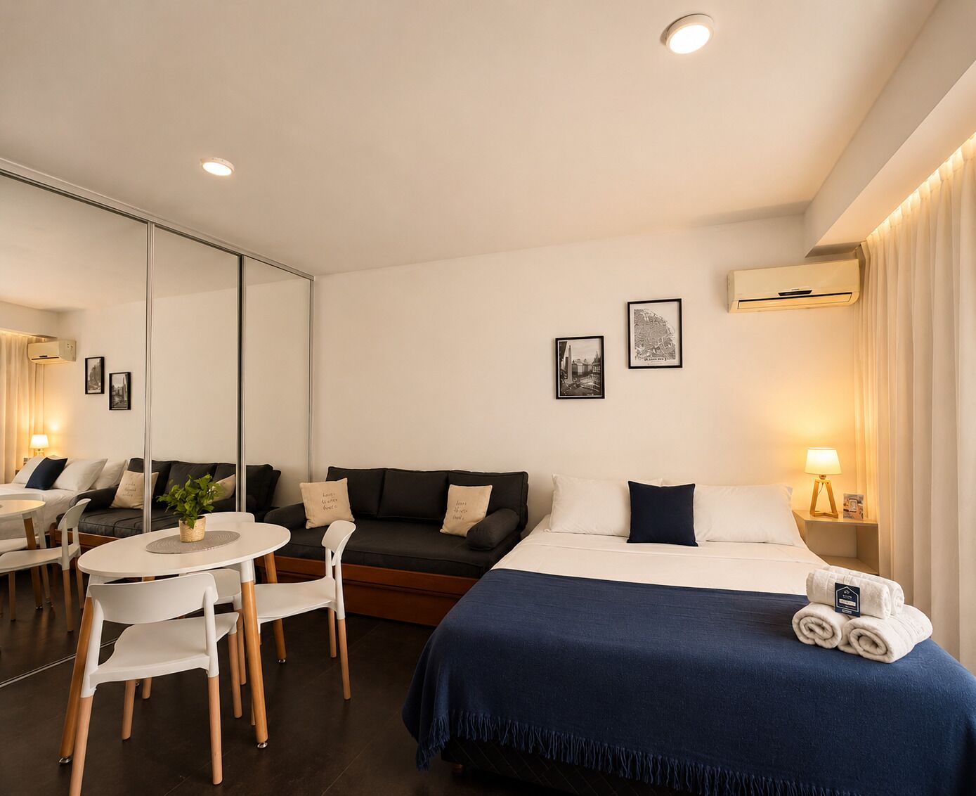 Quarto de hotel com cama, escrivaninha, cadeira, sofá, espelho e ar condicionado fixado na parede.