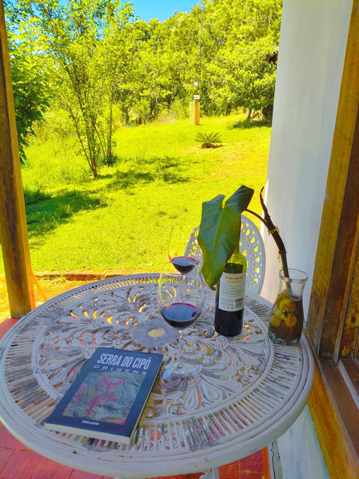 Mesa redonda com um livro, uma garrafa de vinho e copos numa varanda com vista para um espaço gramado.