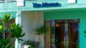 Hotel Moana com fachada azul-esverdeada, grande entrada de vidro e uma palmeira em primeiro plano.