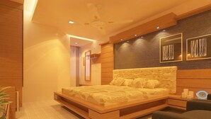 Quarto moderno com estrutura de cama de madeira, mesa de cabeceira embutida e ventilador de teto.