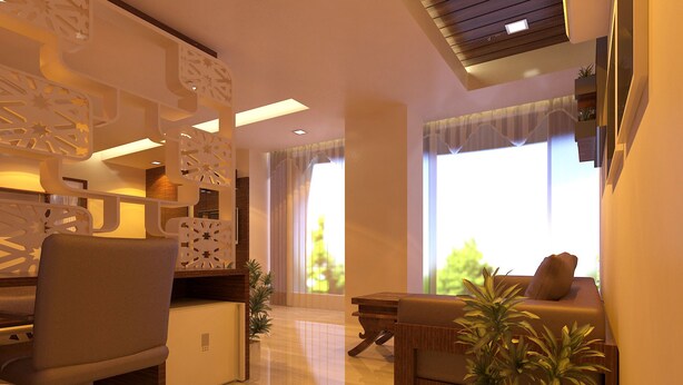 Uma sala de estar moderna com sofá, poltrona e mesa de centro. Há um painel decorativo na parede e uma janela com cortinas.