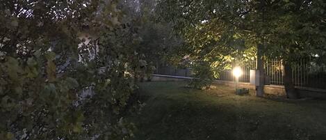 Um parque com árvores e uma cerca.