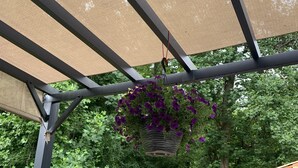Uma área à beira da piscina com uma cesta de flores pendurada, um deck de madeira e um pequeno edifício ao fundo.