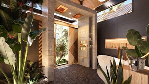 Riverside Hideaway Villa | Banheiro | Chuveiro, chuveiro com efeito de chuva, secador de cabelo