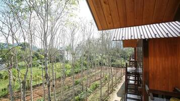 Uma cabana de madeira com varanda, com vista para um jardim com árvores jovens e céu claro.