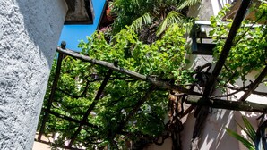 A narrow alleyway with a building labeled "Hotel" on the right, featuring a balcony with potted plants and a sign for "Serv. Rm. Internos."