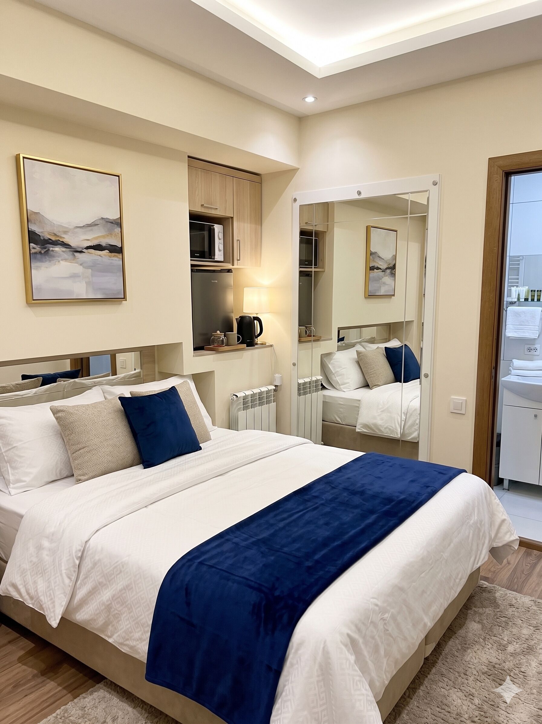 Quarto de hotel moderno com cama grande, roupeiro embutido, pequena cozinha e espelho.