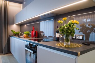 Apartamento júnior | Cozinha americana privada | Frigobar, cooktop, chaleira elétrica, chapa