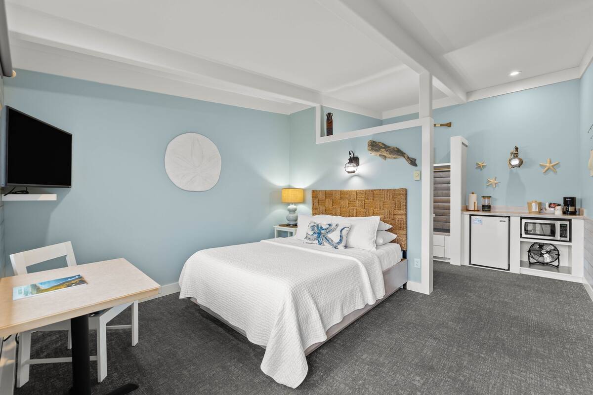 Quarto com cama, escrivaninha, televisão e cozinha compacta.