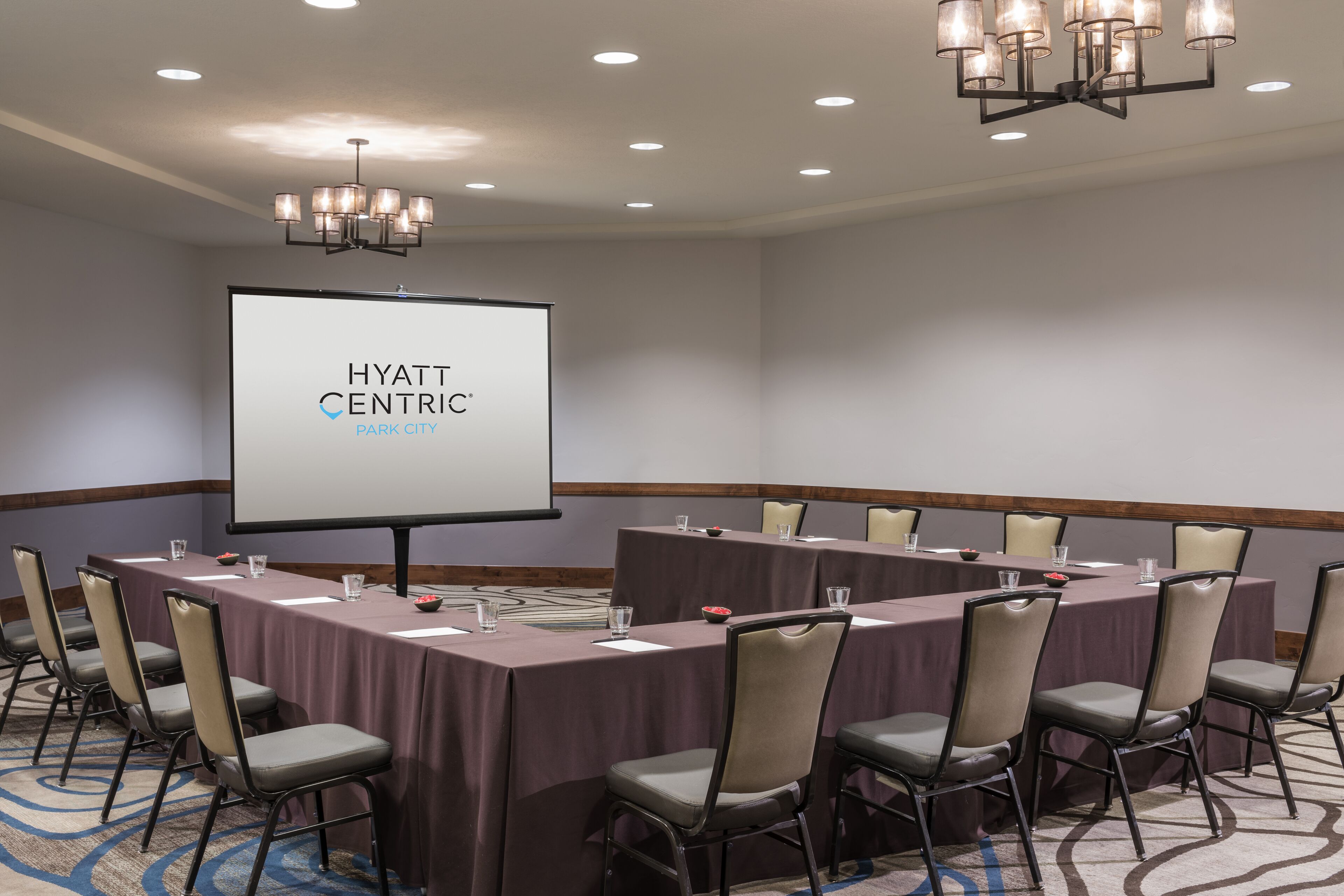 Uma sala de conferências com uma grande tela exibindo "HYATT CENTRIC PARK CITY", uma mesa comprida com cadeiras e um lustre.