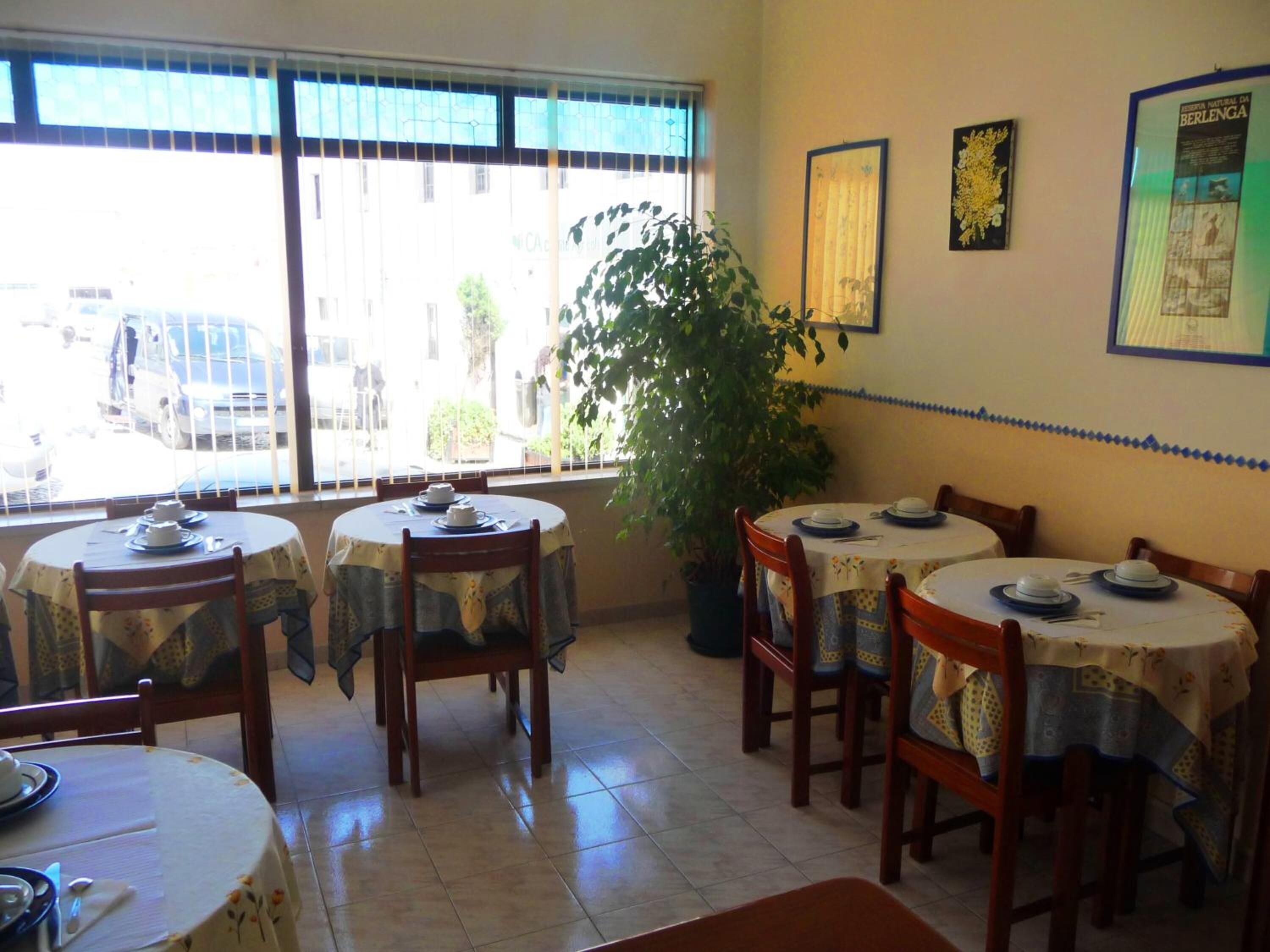 Restaurante com mesas redondas, cadeiras e uma grande planta em vaso.