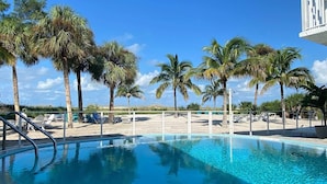 Uma piscina com água azul cristalina, rodeada por palmeiras e espreguiçadeiras.